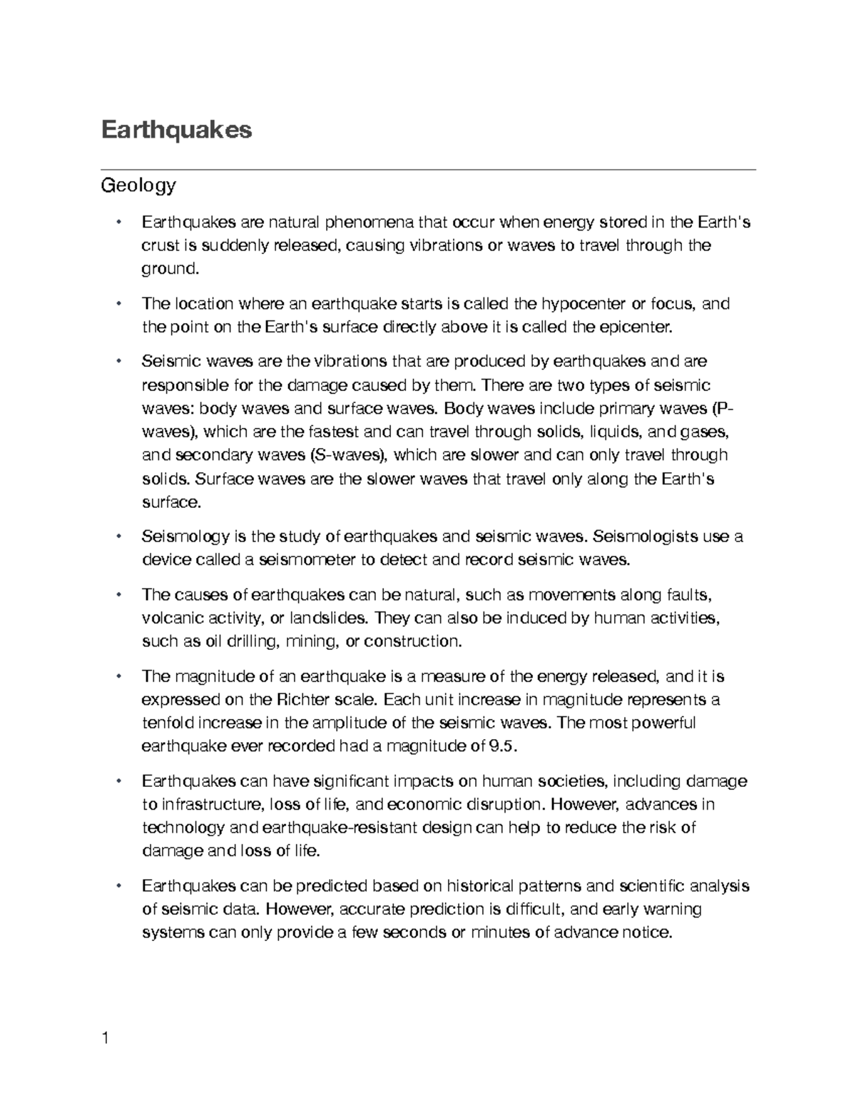 Earthquake Notes and Summary - Earthquakes Geology Earthquakes are ...