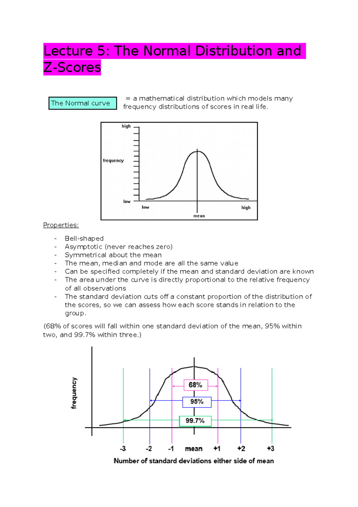 Lecture 5- The Normal Distribution and Z-Scores - Properties: Bell ...