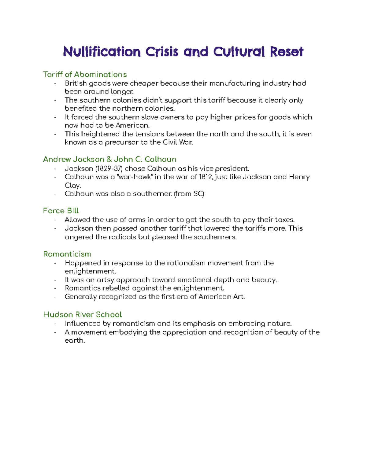 Lecture 4 - APUSH notes - Nullification Crisis and Cultural Reset ...