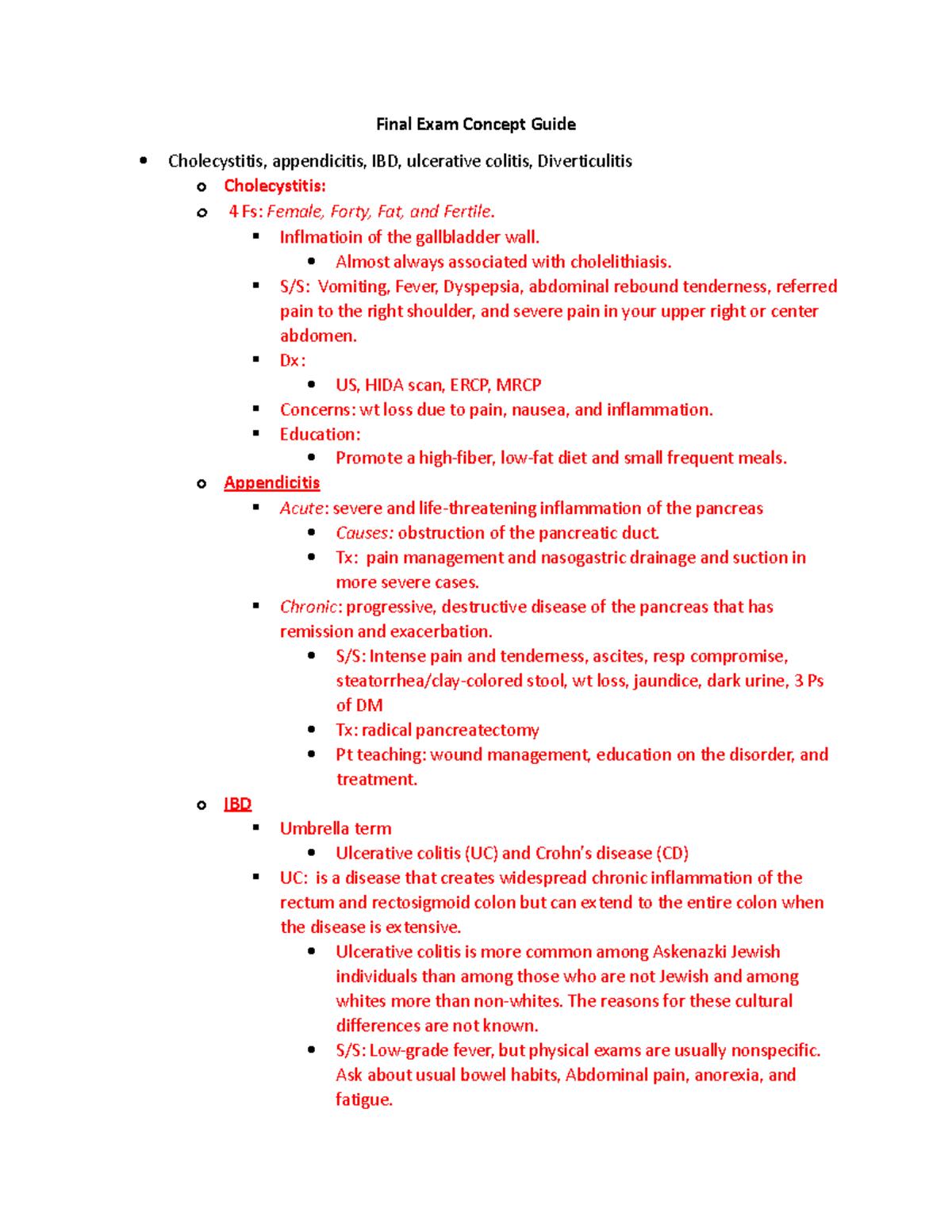 Final exam concept guide - Final Exam Concept Guide Cholecystitis ...