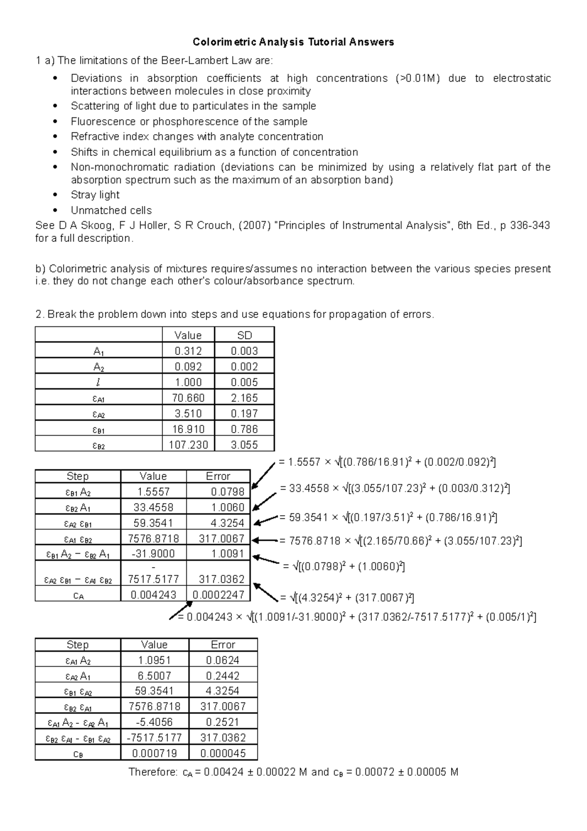 Colorimetric Analysis Tutorial Answers Final - , p 336-343 for a full ...
