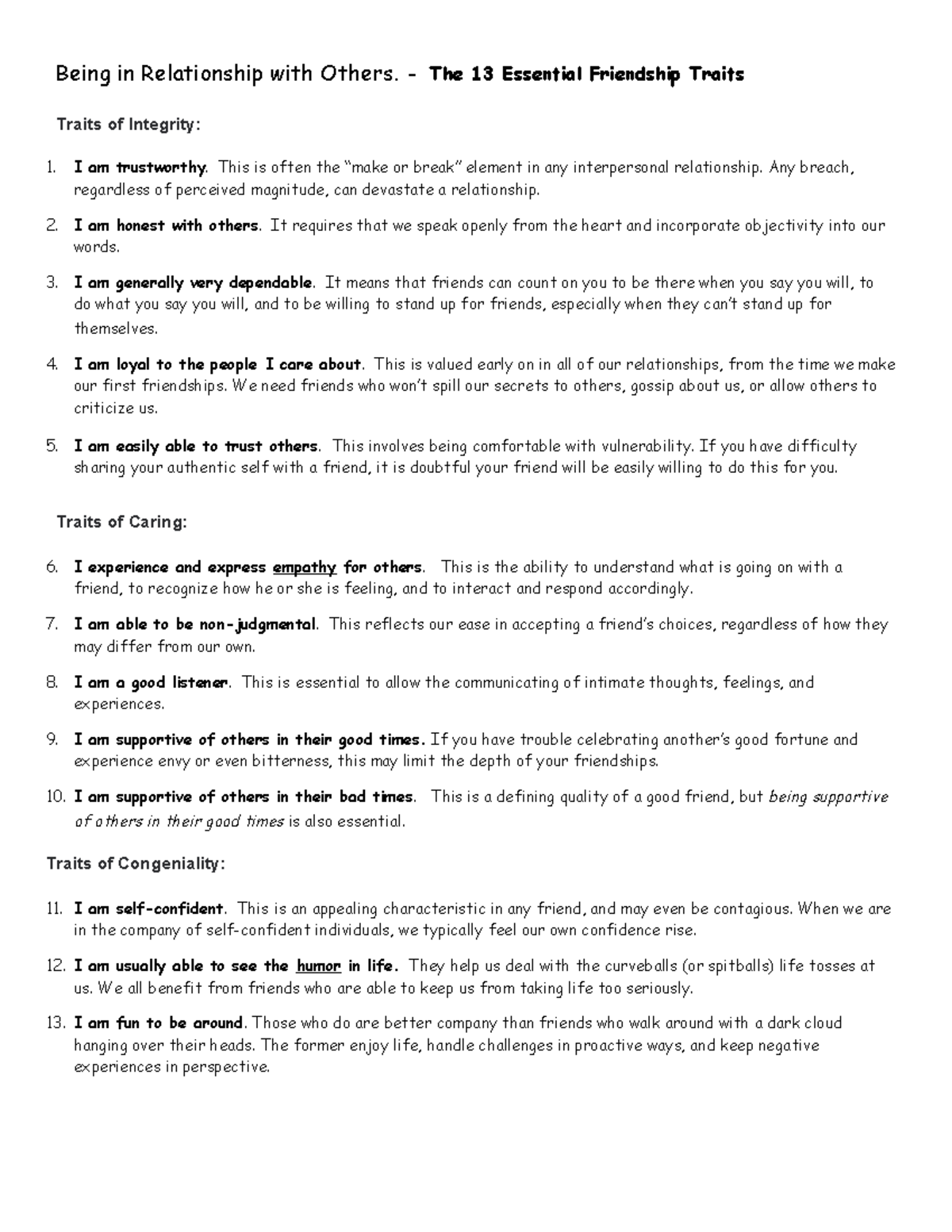 B3-13 essential traits of friendship notes - Being in Relationship with ...
