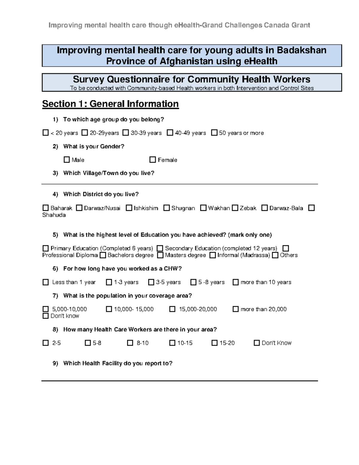 Survey questionnaire CHWs 2013 - Improving mental health care though ...