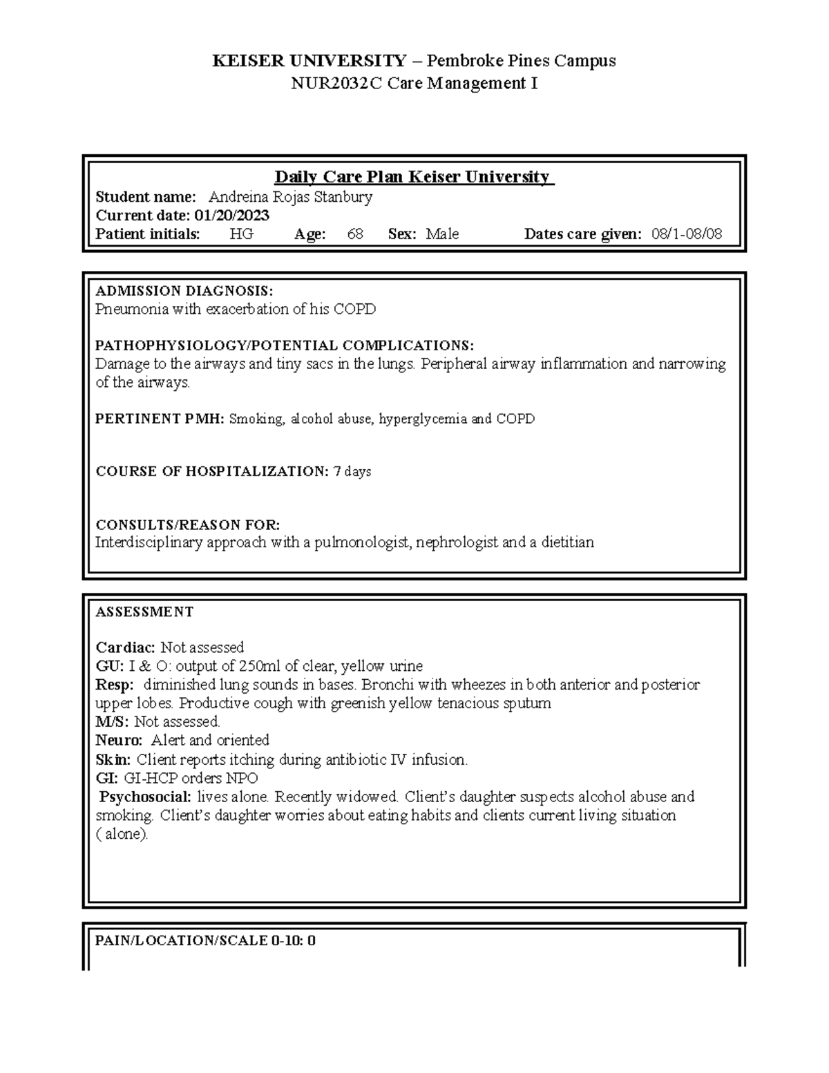 Weekly Care Plan - ATI - NUR2032C Care Management I Daily Care Plan ...