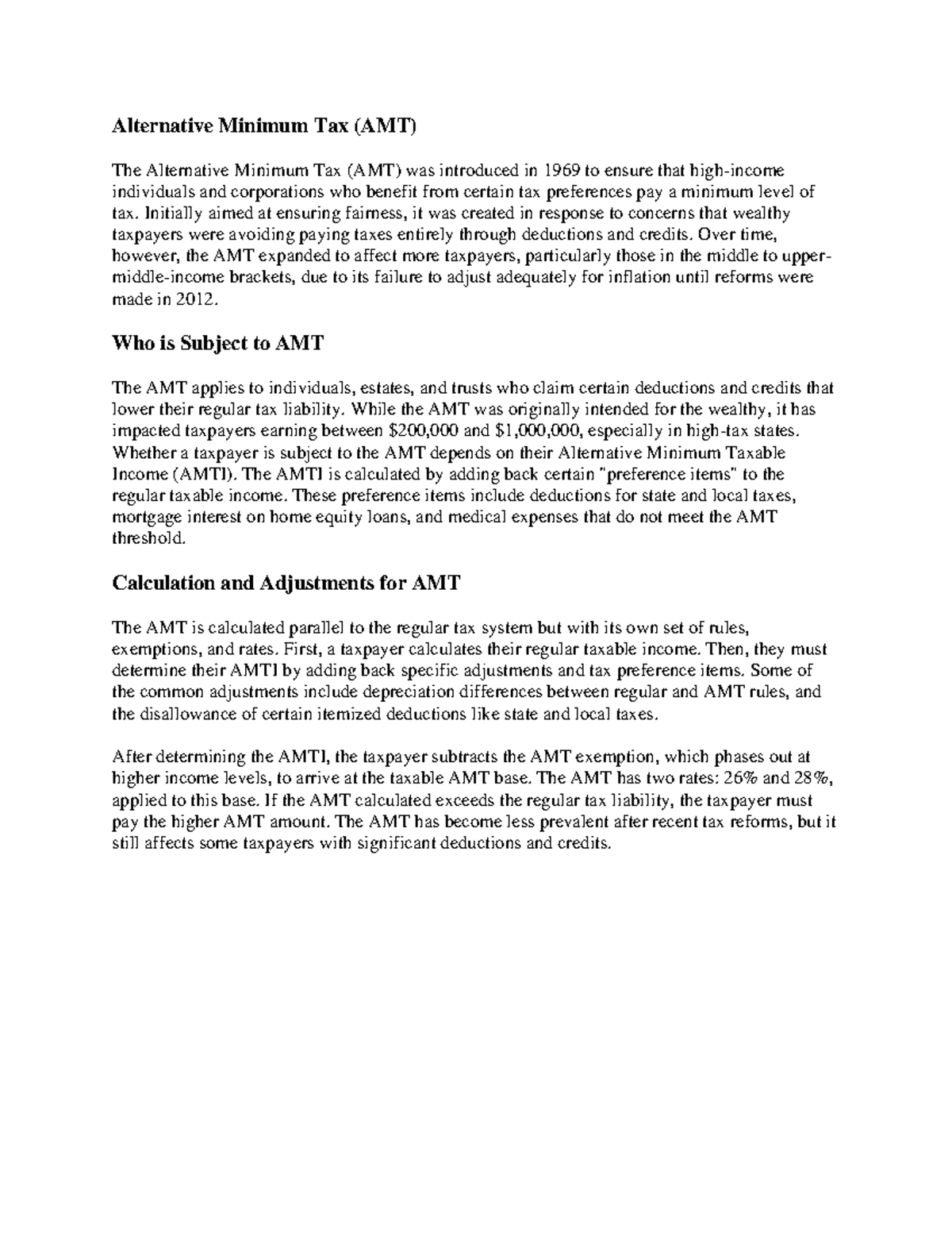 The Alternative Minimum Tax (AMT) was introduced in 1969 - Initially ...