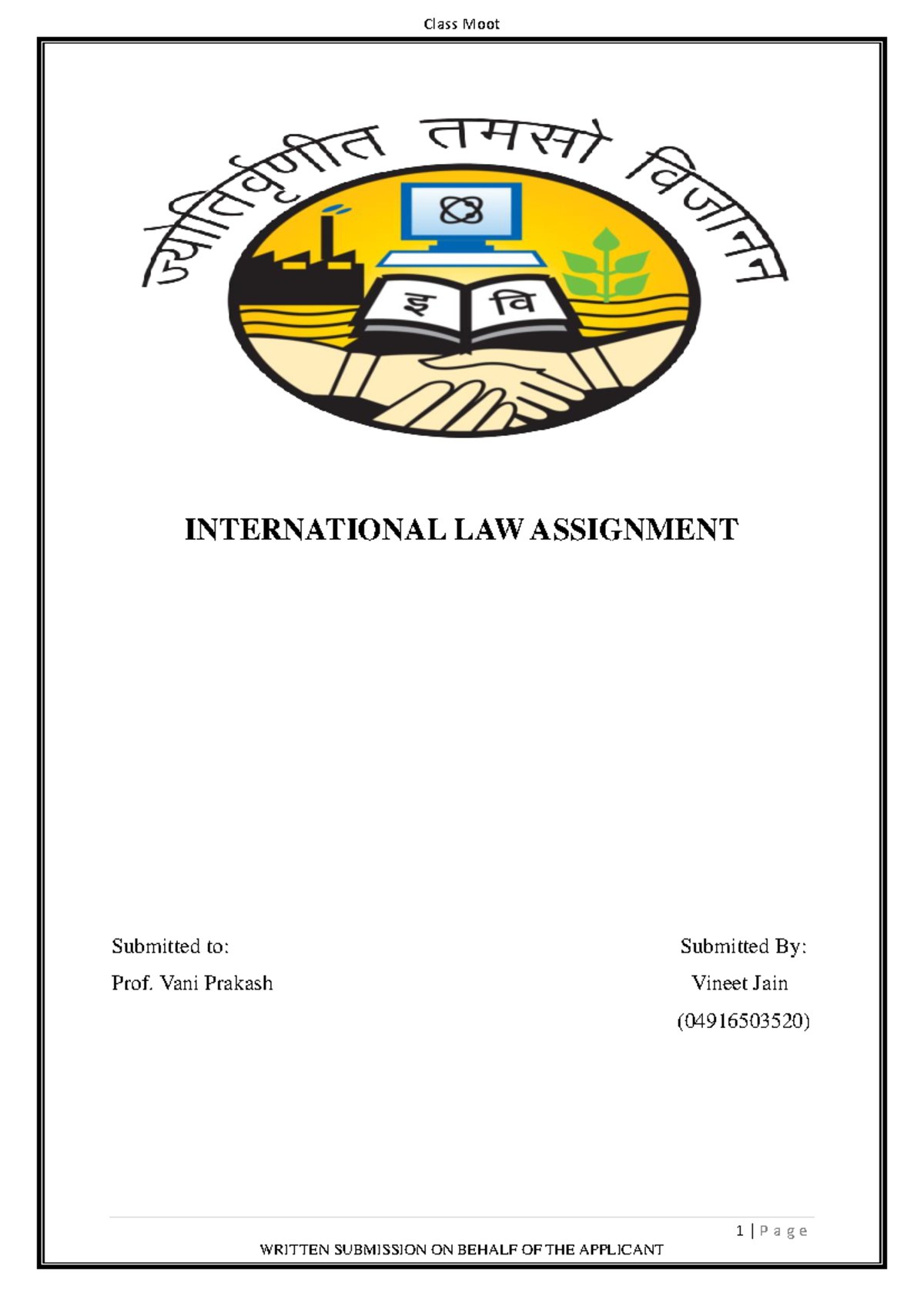 International Law Assignment Vineet Jain - 1 | P a g e INTERNATIONAL ...
