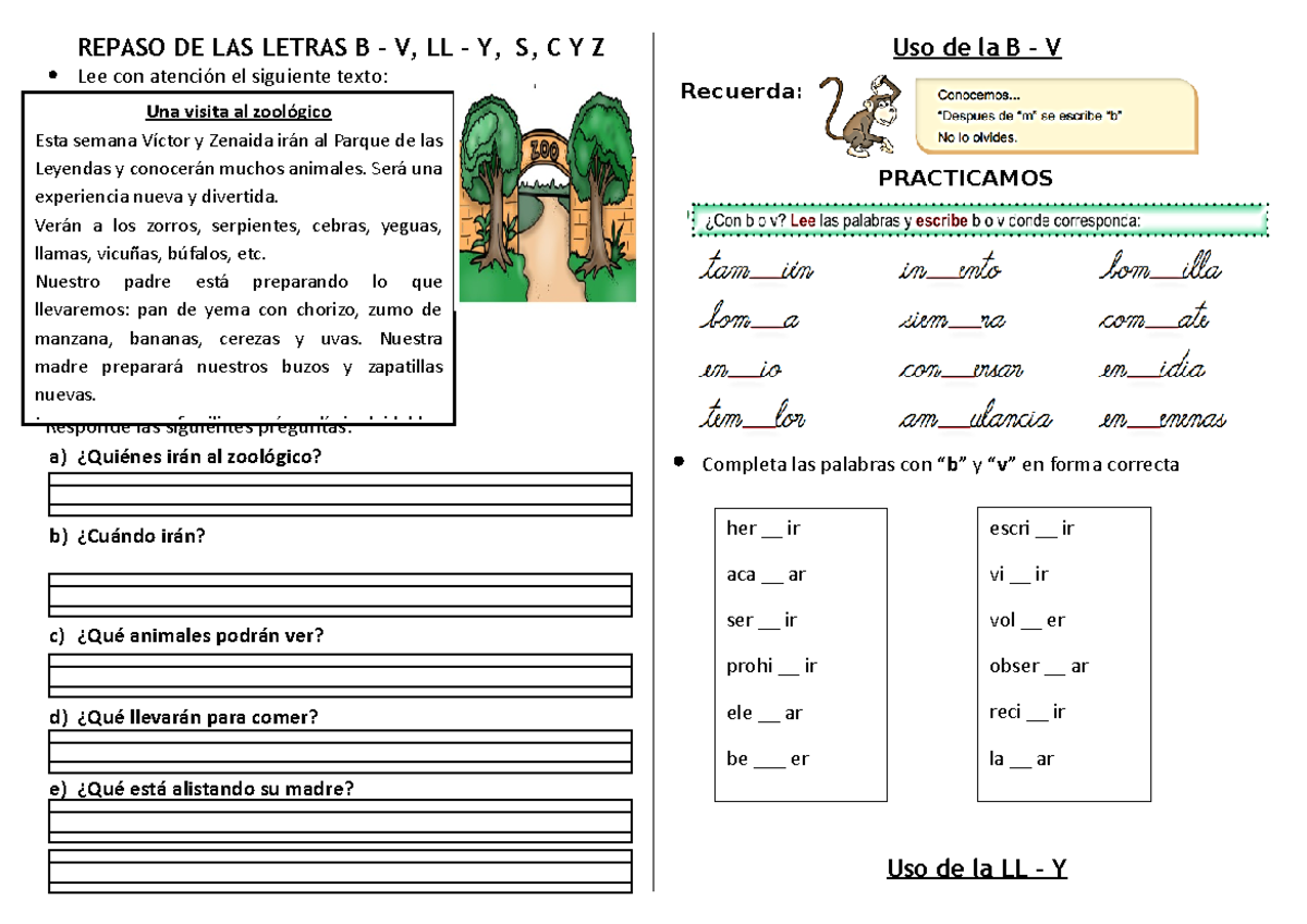 Refuerzo B N LL Y - REPASO DE LAS LETRAS B - V, LL - Y, S, C Y Z Lee ...