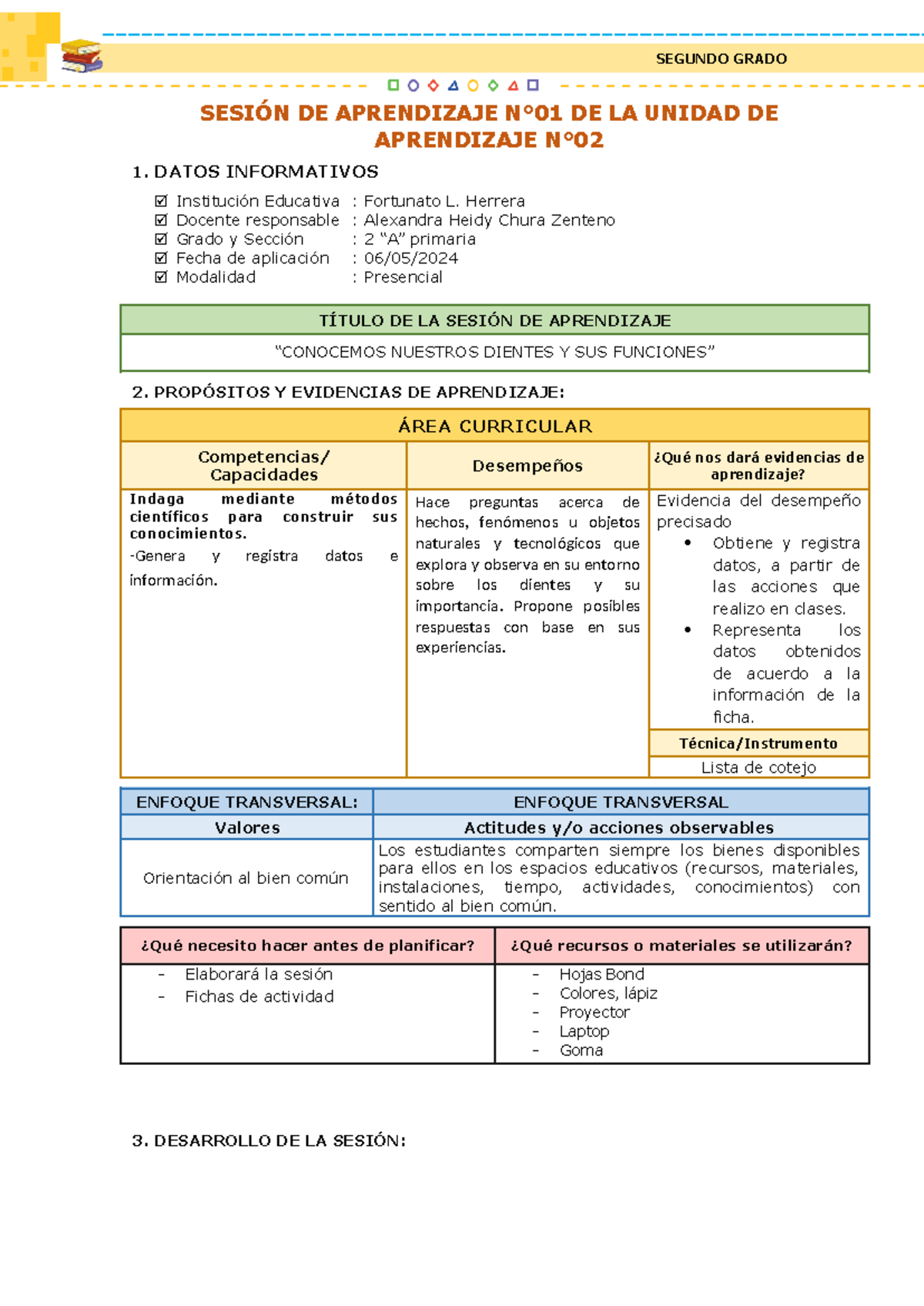 Sesión DE Aprendizaje Segundo 6-05 - SESIÓN DE APRENDIZAJE N°01 DE LA UNIDAD DE APRENDIZAJE N° 1 ...