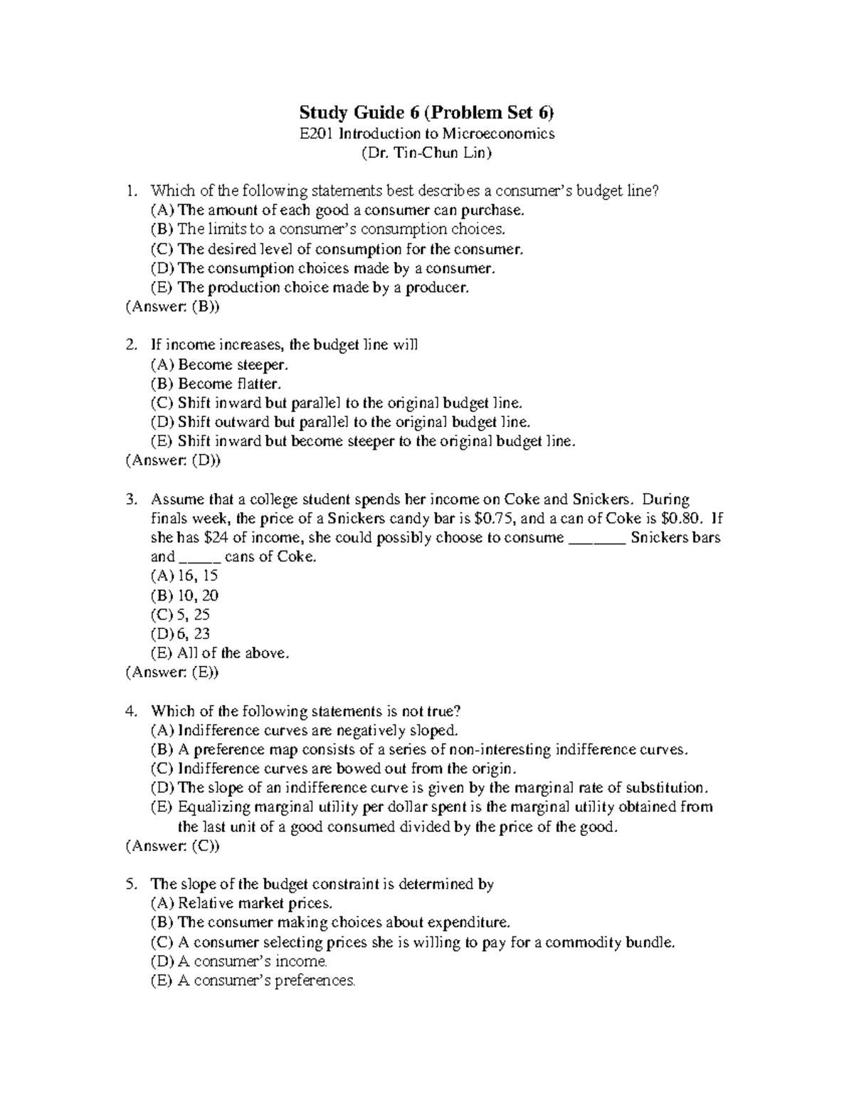 E201 - Problem Set (Study Guide) 06 - Study Guide 6 (Problem Set 6 ) E ...