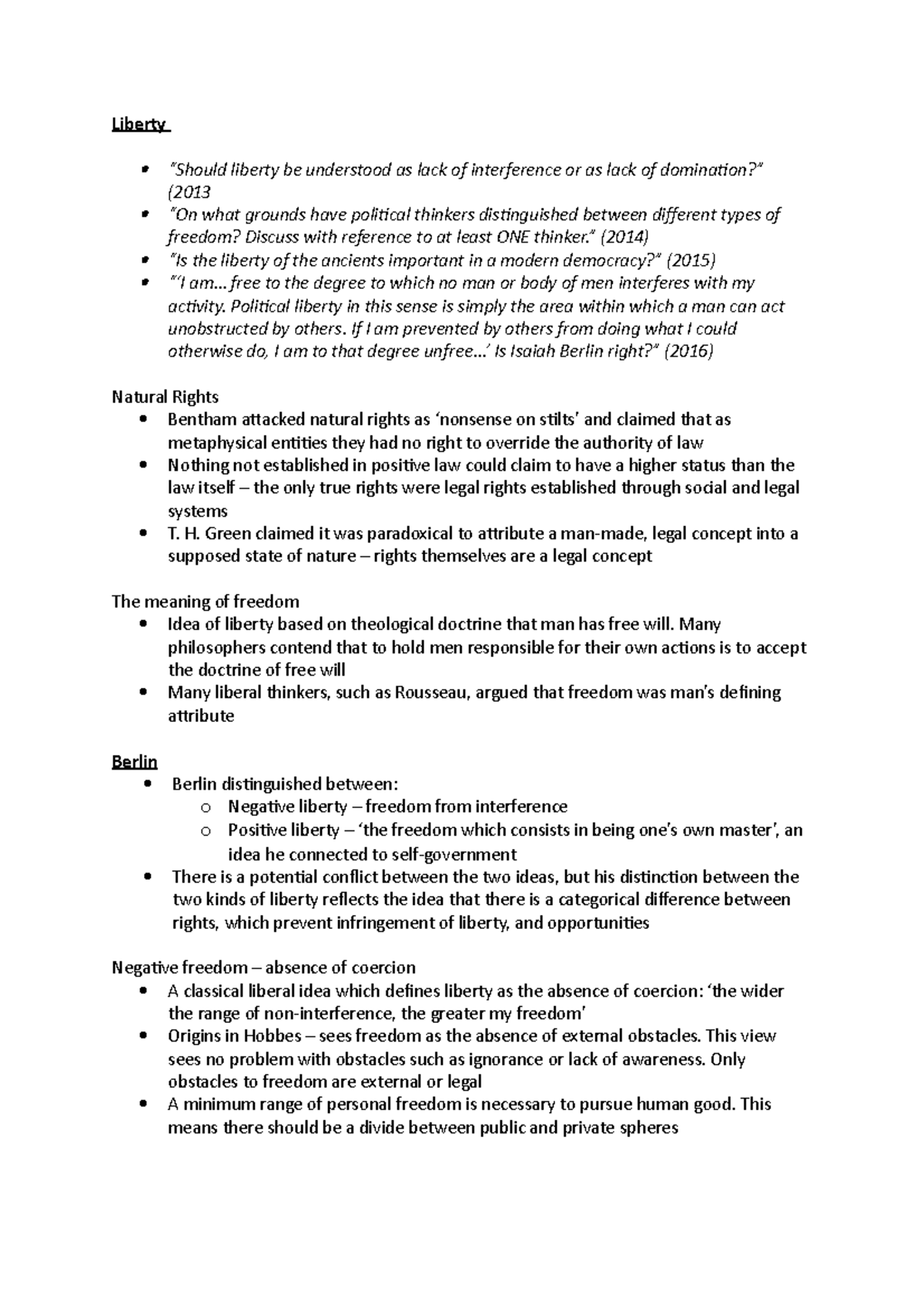 Liberty Exam Notes - Liberty “Should liberty be understood as lack of ...