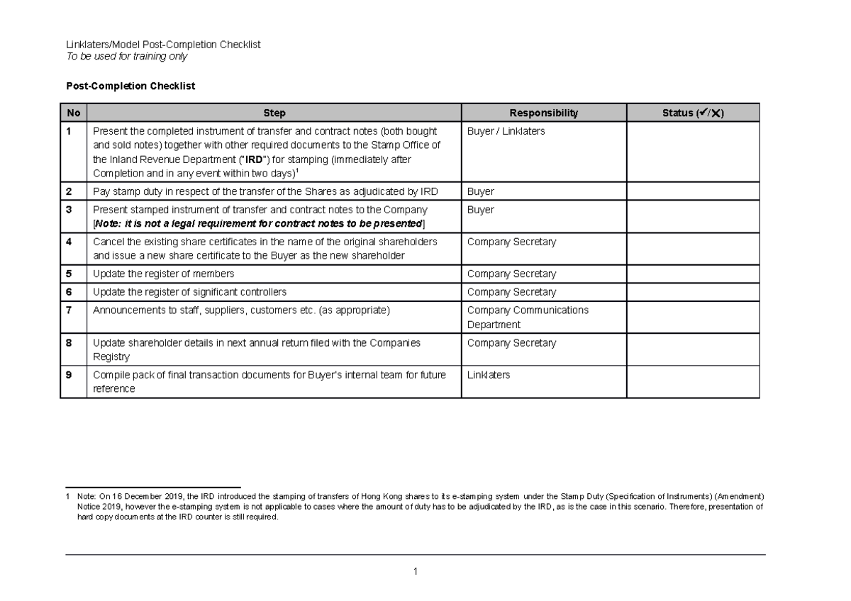 Linklaters Task 7 1 Post-Completion Checklist - Linklaters/Model Post ...