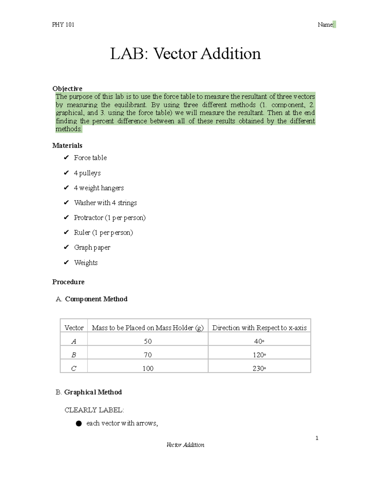 Lab 3 Vector Addition - Andria Swortzch - PHY 101 Name: LAB: Vector ...