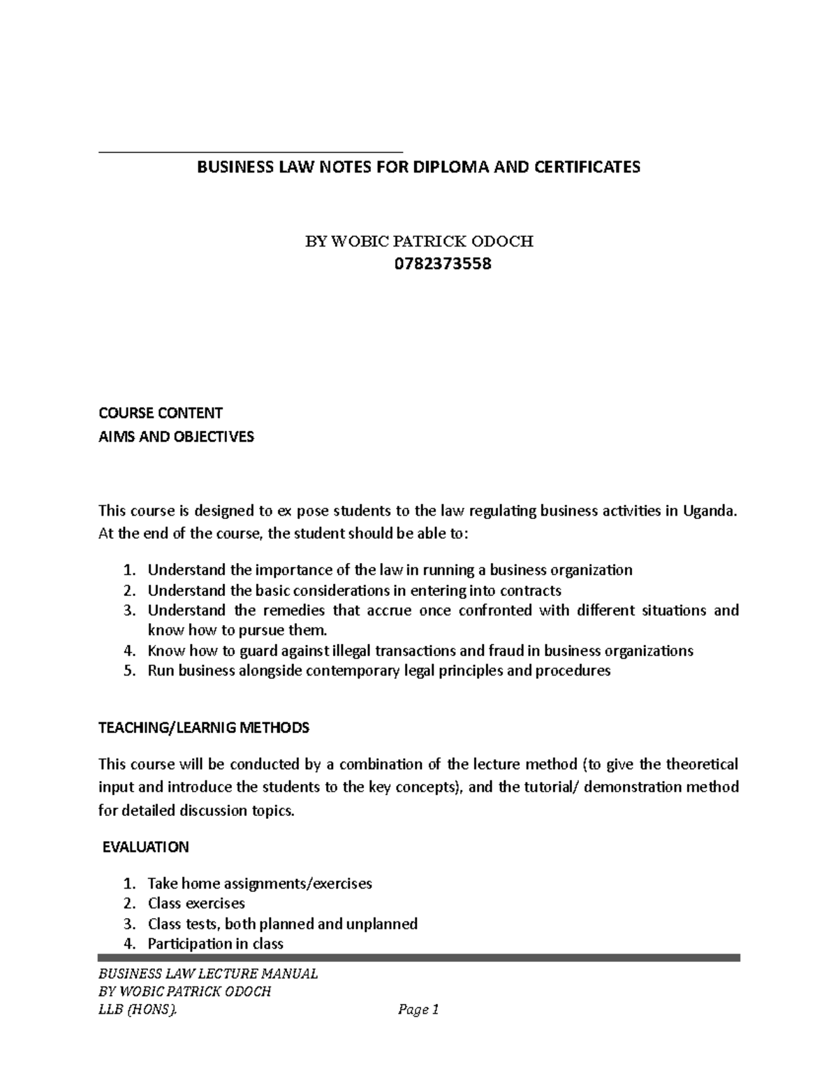 Business LAW FULL Notes - BUSINESS LAW NOTES FOR DIPLOMA AND ...