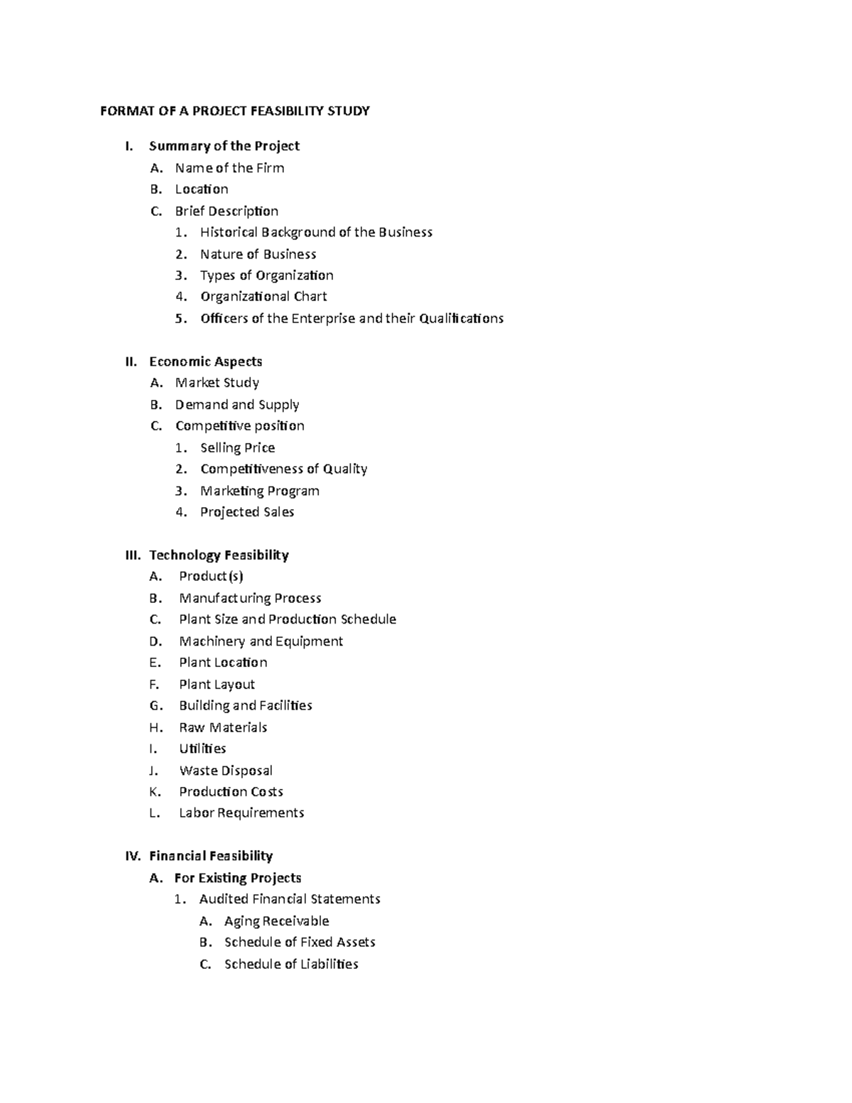 Format OF A Project Feasibility Study - FORMAT OF A PROJECT FEASIBILITY ...
