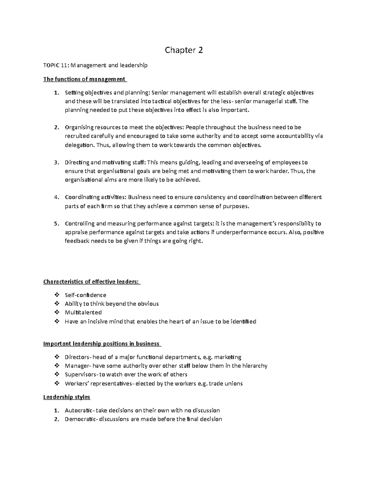 Unit 2 notes - nOTE - Chapter 2 TOPIC 11: Management and leadership The ...