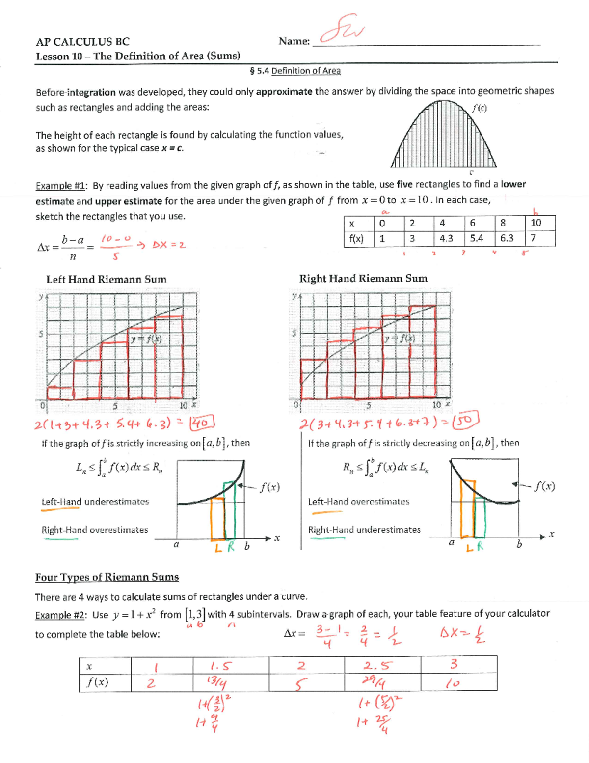 Unit 2 Lesson 10 Riemann Sum KEY - MATH 315 - Studocu