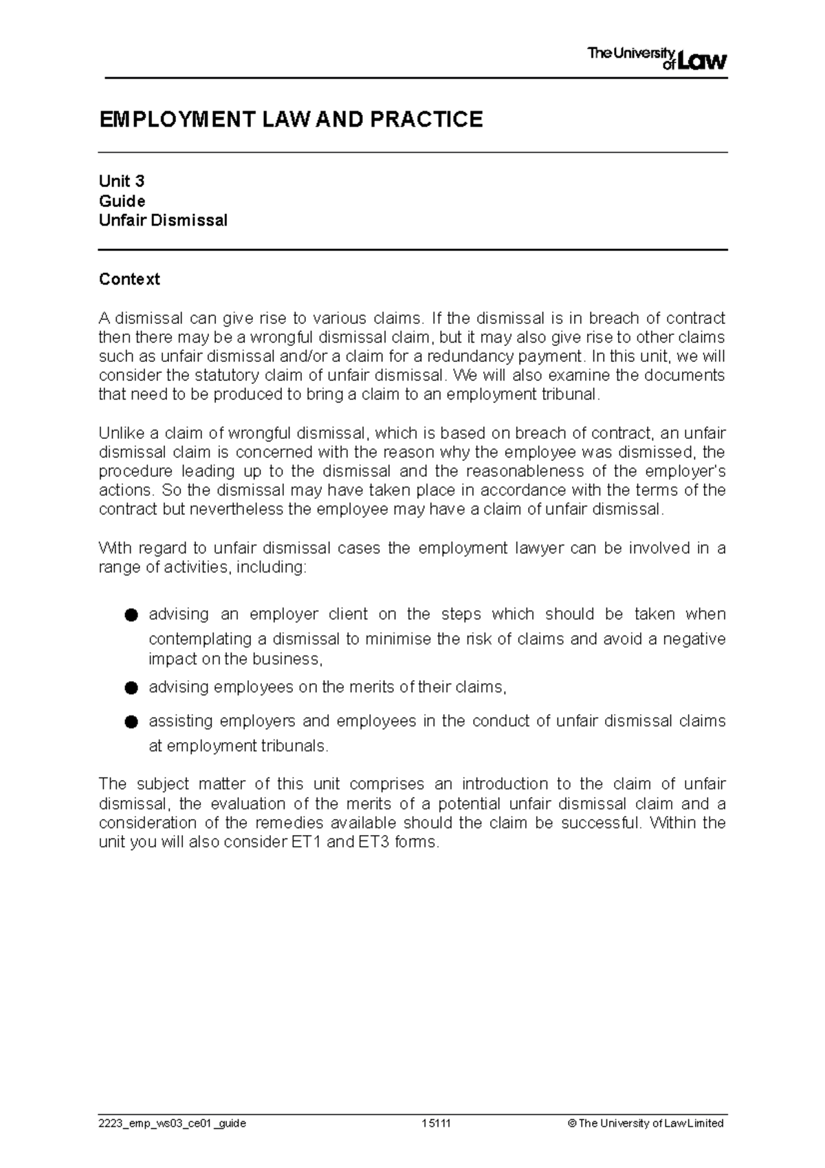 UTF-8''2223 emp ws03 ce01 guide - EMPLOYMENT LAW AND PRACTICE Unit 3 ...