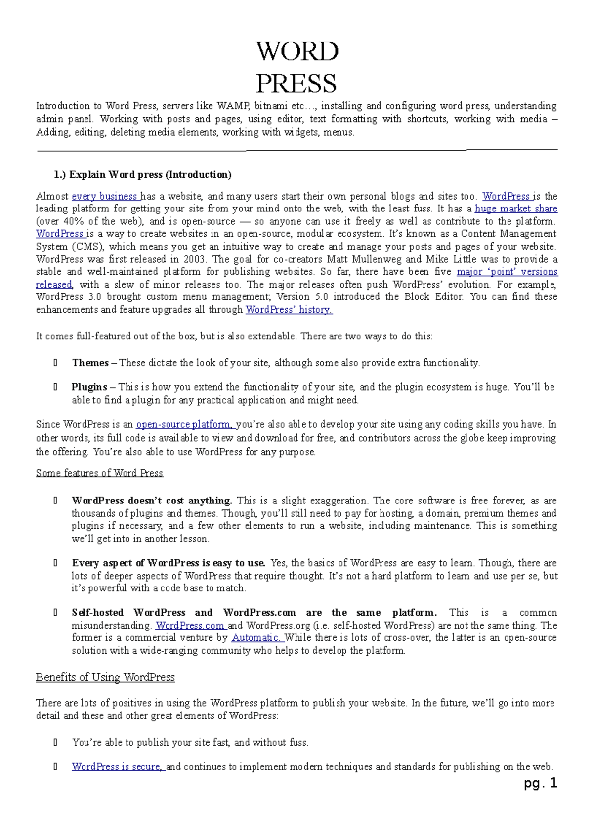 UNIT IV WP ( Final) - pg. 1 WORD PRESS Introduction to Word Press ...
