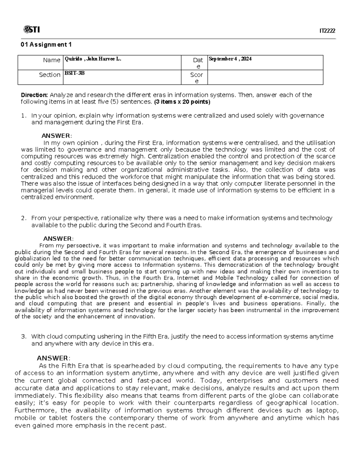 01 Assignment 1 Quirido - 01 Assignment 1 IT Name Quirido , John Harvee ...