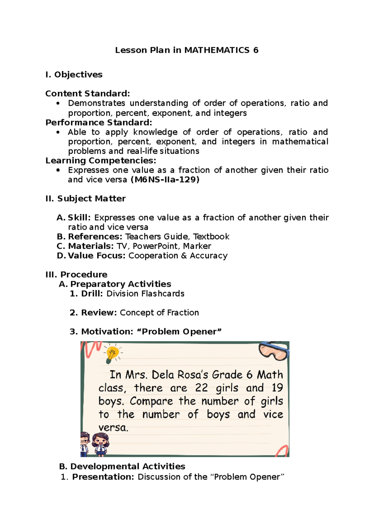 DLL for Mathematics 6 (Ratio) - Lesson Plan in MATHEMATICS 6 I ...