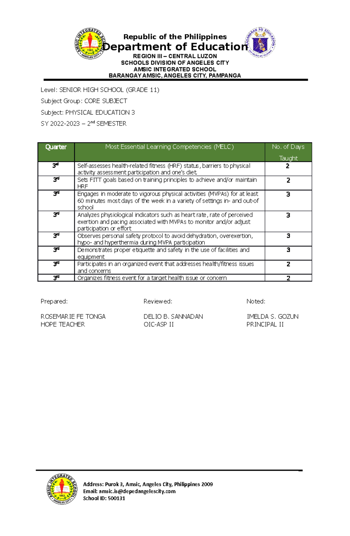 BOW-PE- Dance - sample Budget of Work - Republic of the Philippines ...