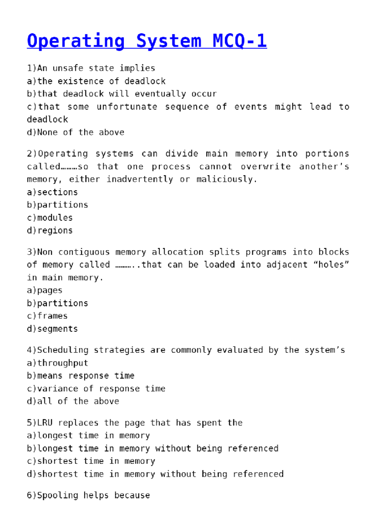 OPERATING SYSTEM MID FINAL MCQ CS5-1 RIPHAH INTERNATIONAL UNIVERSITY - Operating System - Studocu