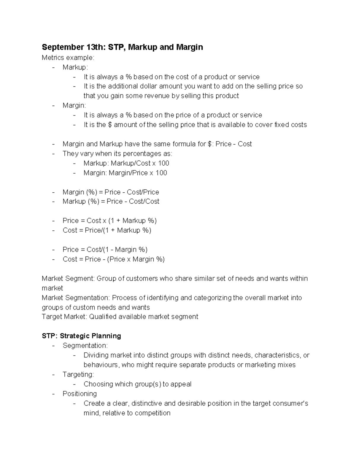 Lecture 2 - September 13th: STP, Markup and Margin Metrics example ...