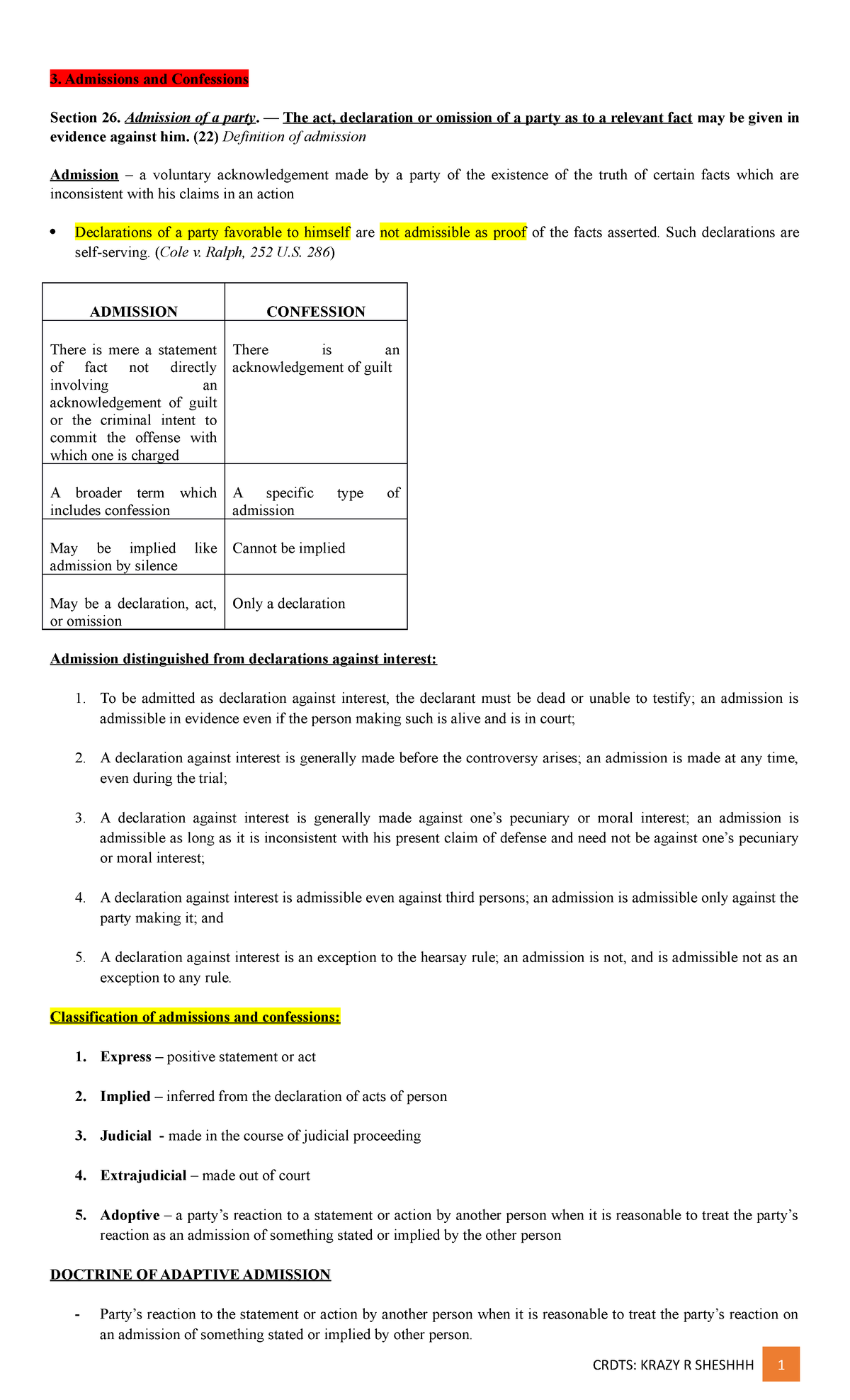 Rules ON Evidence Finals - Admissions and Confessions Section 26 ...