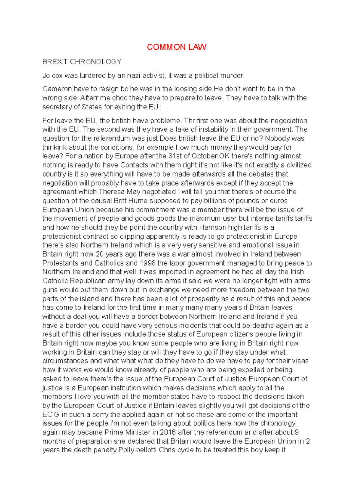 Common LAW - Notes de cours 1 a 3 - COMMON LAW BREXIT CHRONOLOGY Jo cox ...