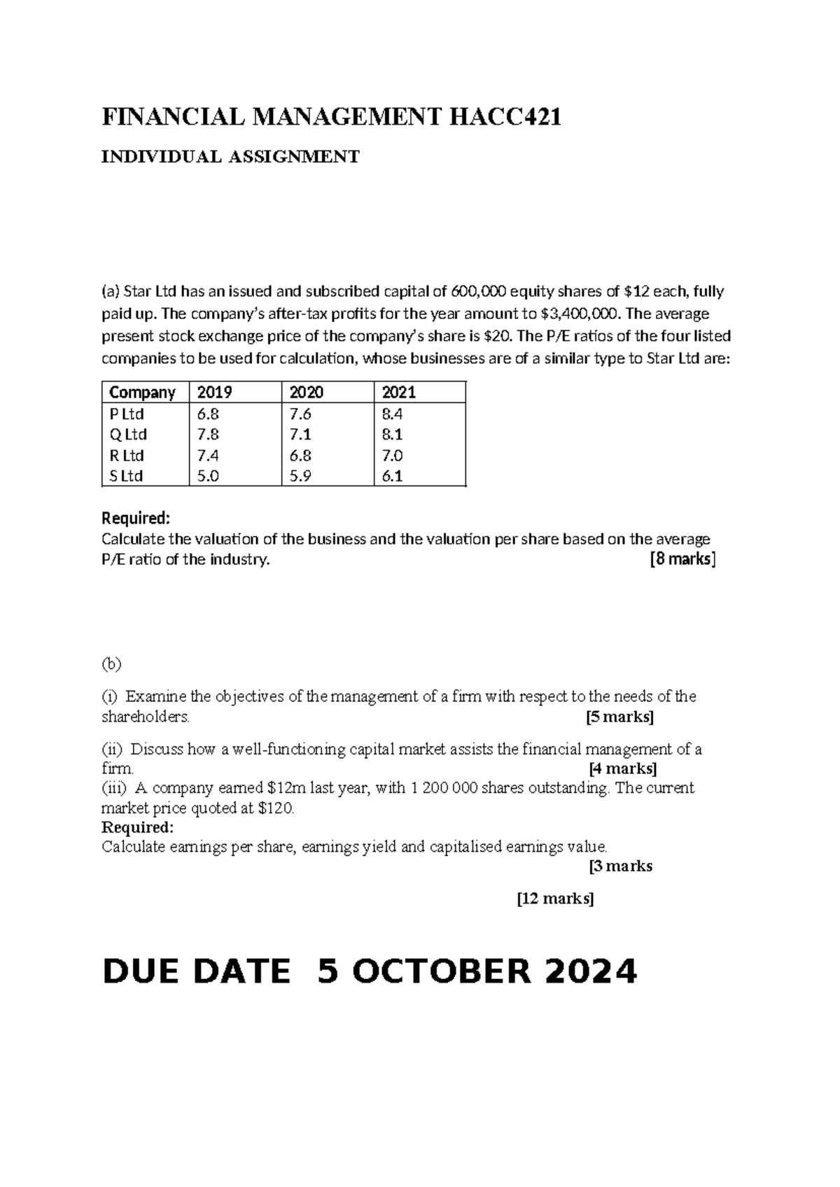 HACC421 Individual Assignment September 2024 - FINANCIAL MANAGEMENT ...