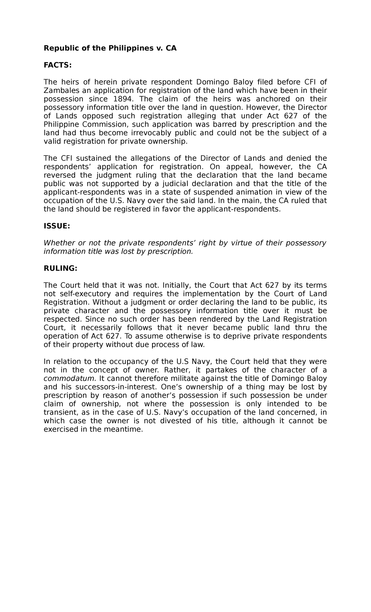 Republic v. CA - Nature of Commodatum - Republic of the Philippines v ...