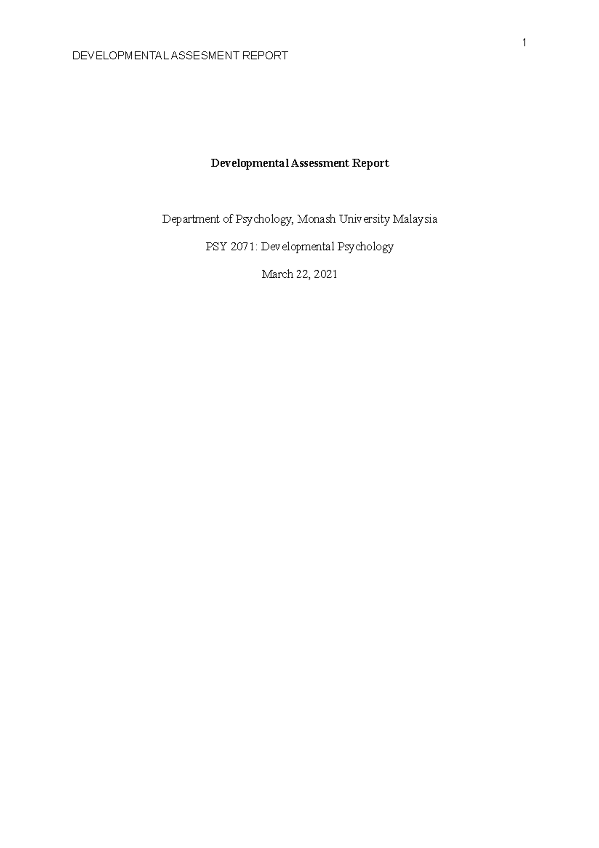 Developmental Report - Olivia - Developmental Assessment Report ...