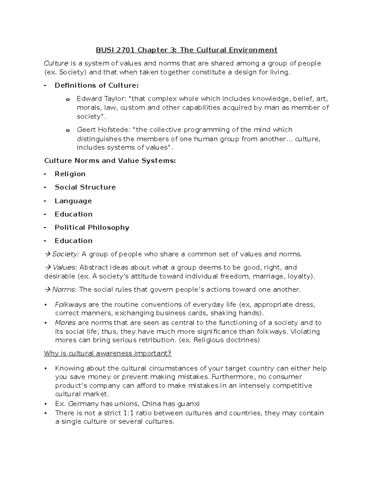 Chapter 3 Notes - Cultural Environment - BUSI 2701 Chapter 3: The ...