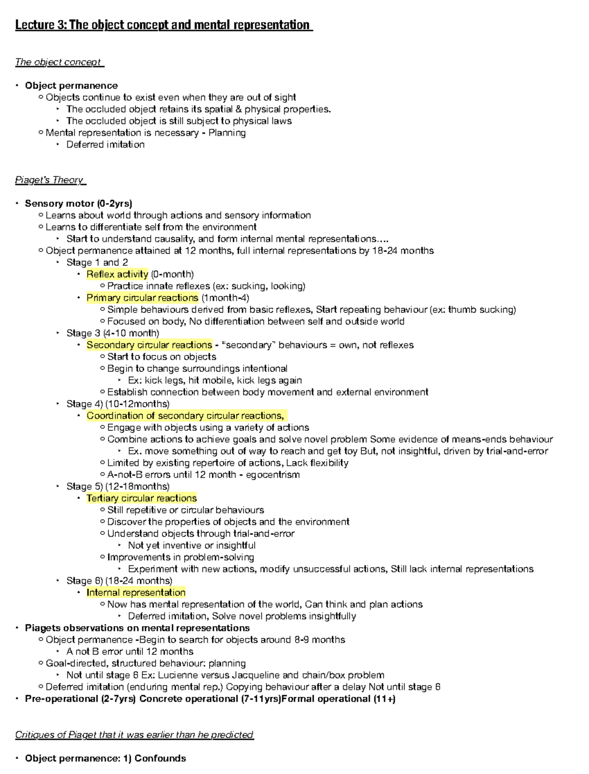 Lecture 3 The object concept and mental representations - Lecture 3: The object concept and ...