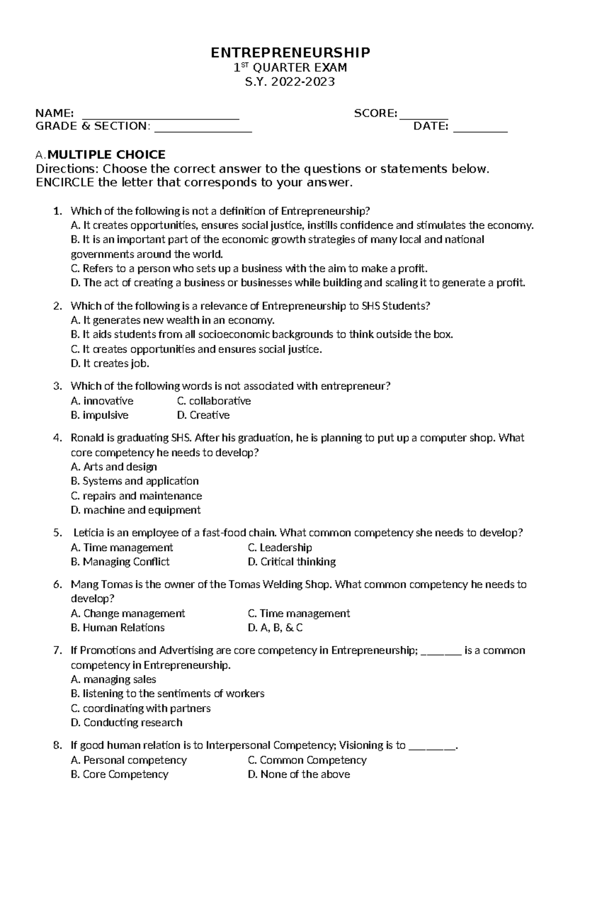 1ST Quarter EXAM Entrepreneurship - ENTREPRENEURSHIP 1 ST QUARTER EXAM ...