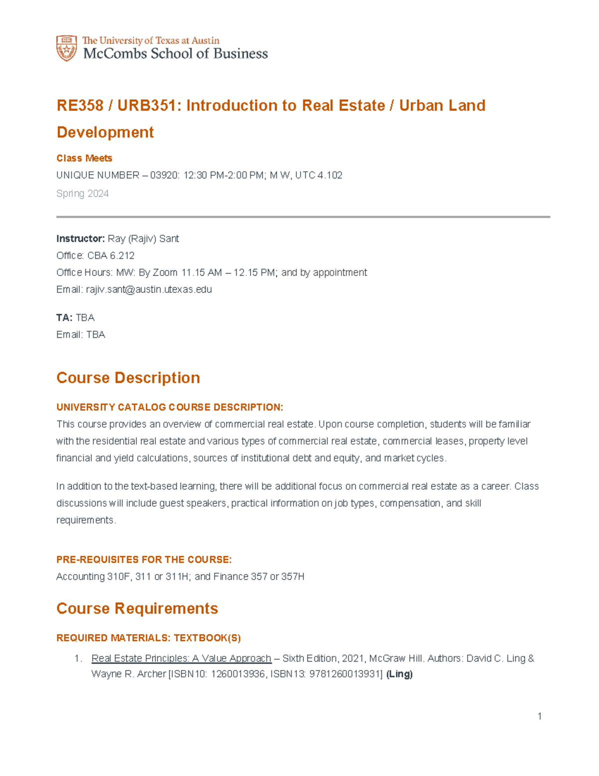RE358 Syllabus SP 2024 Final - RE358 / URB351: Introduction to Real ...