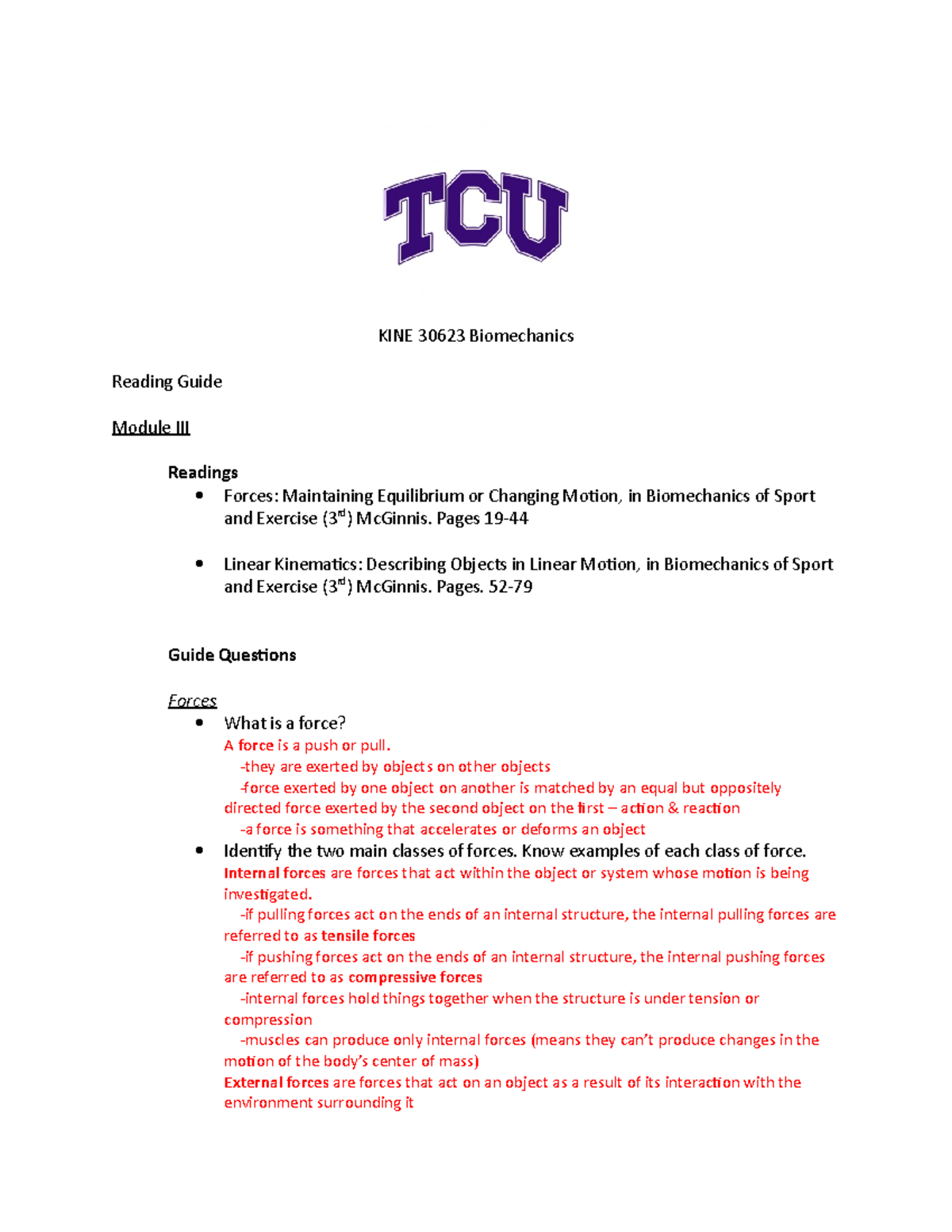 Module III Reading Notes - KINE 30623 Biomechanics Reading Guide Module ...