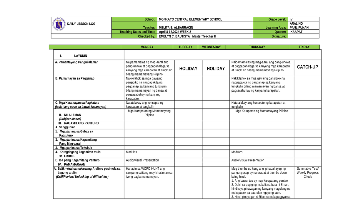AP WEEK 2 BETH - lesson plan - DAILY LESSON LOG School: MONKAYO CENTRAL ...