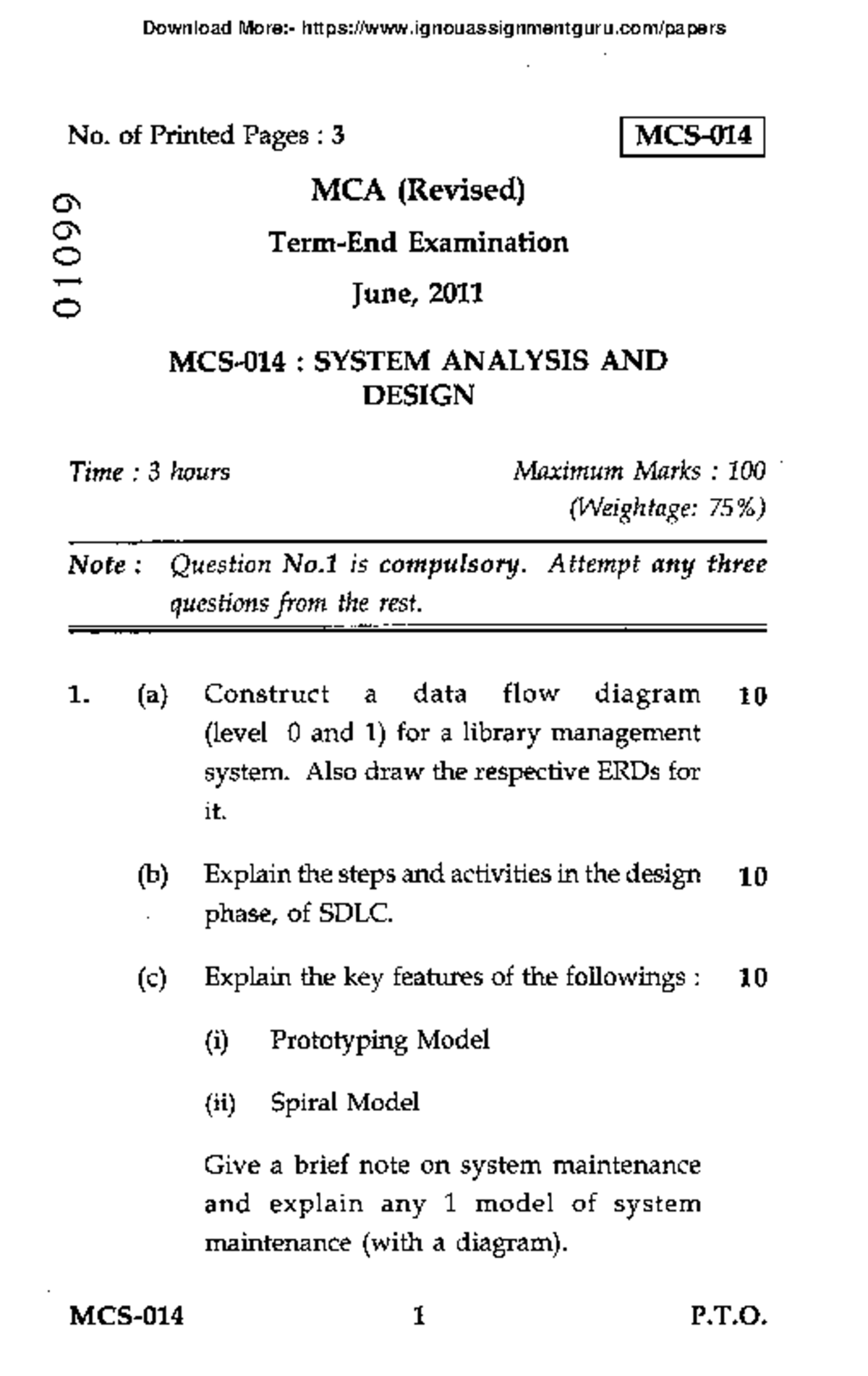System Pyqs Pyqs No Of Printed Pages 3 Mcs Mca Revised Term End Examination June 2011