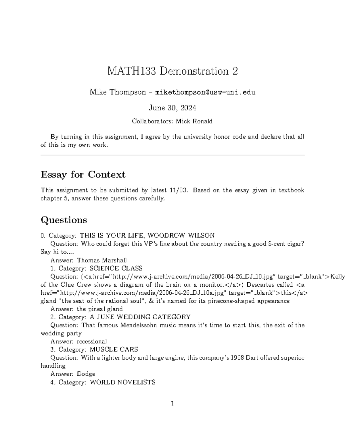 MATH133 Demonstration 2 - Essay for Context This assignment to be ...