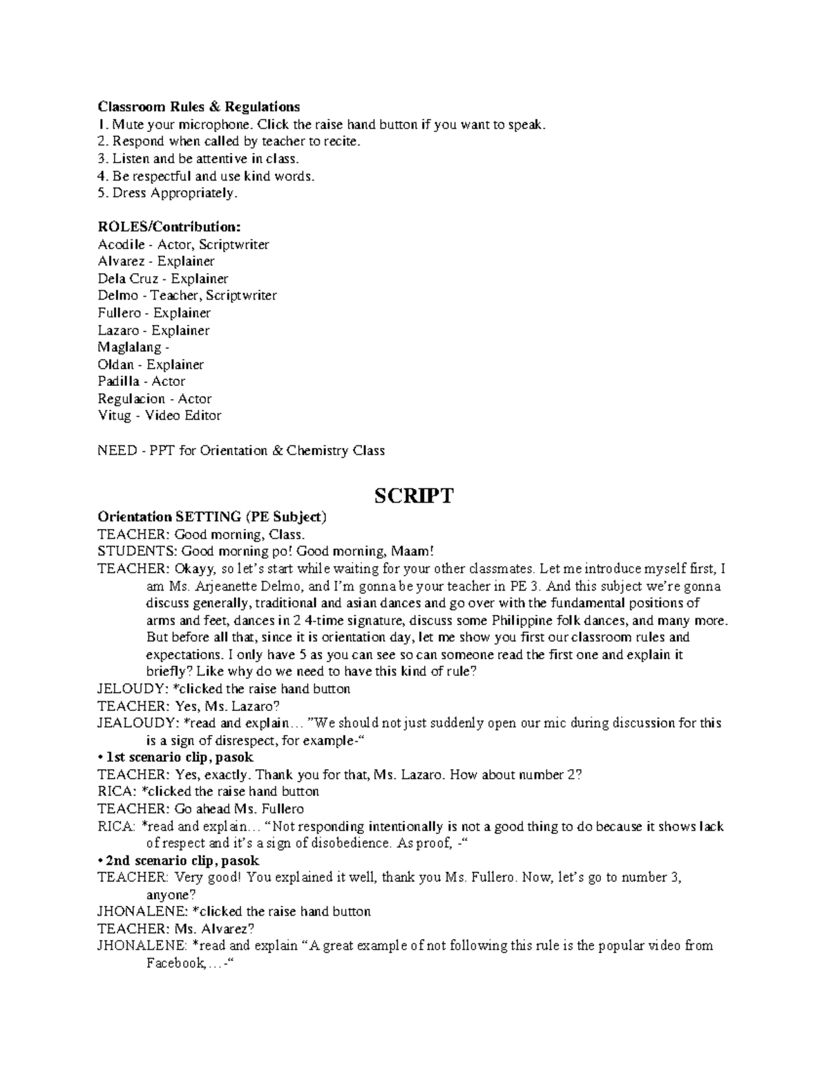 VRTS Script forda 10points - Classroom Rules & Regulations Mute your ...