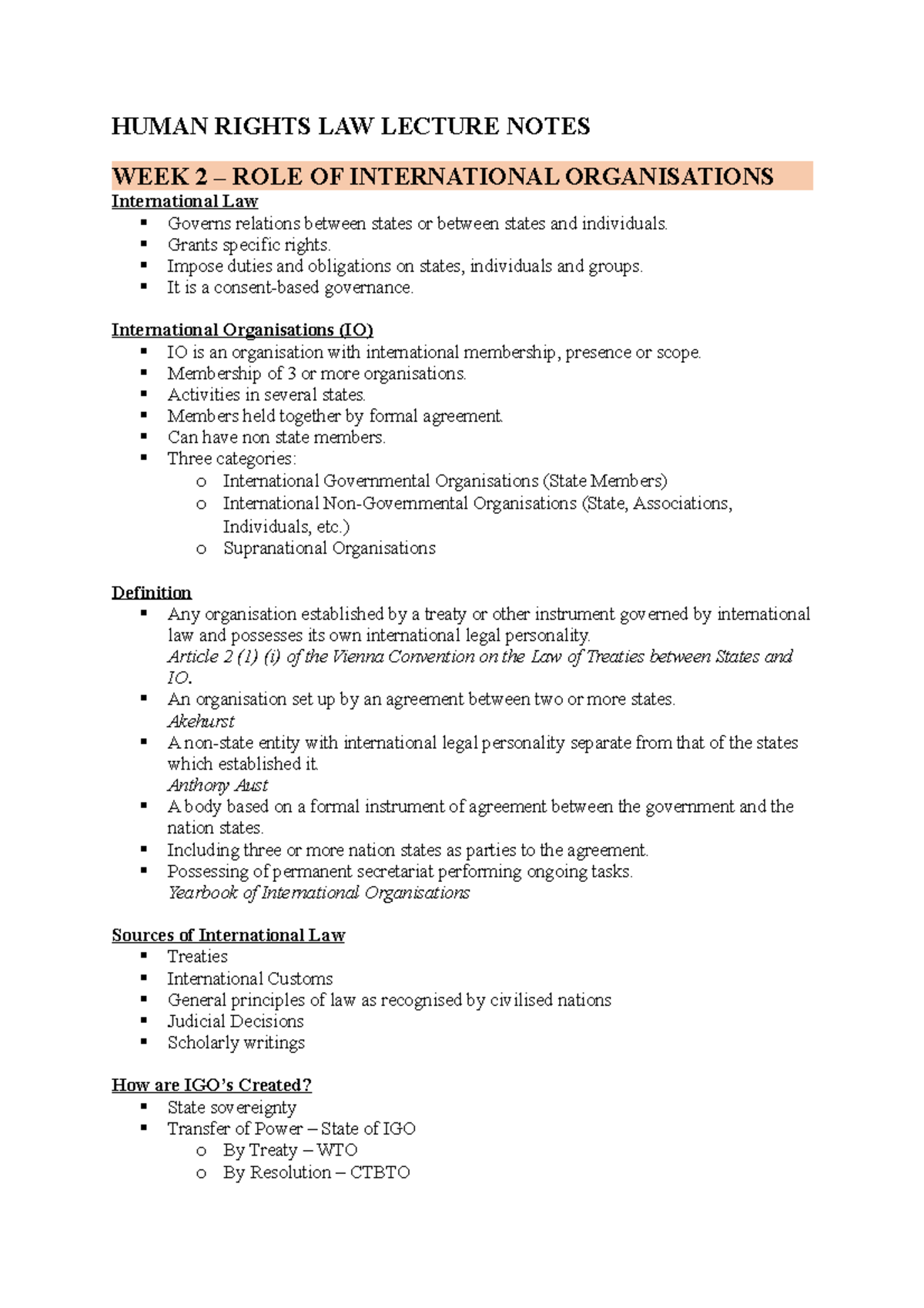 Human Rights LAW Notes - HUMAN RIGHTS LAW LECTURE NOTES WEEK 2 – ROLE ...