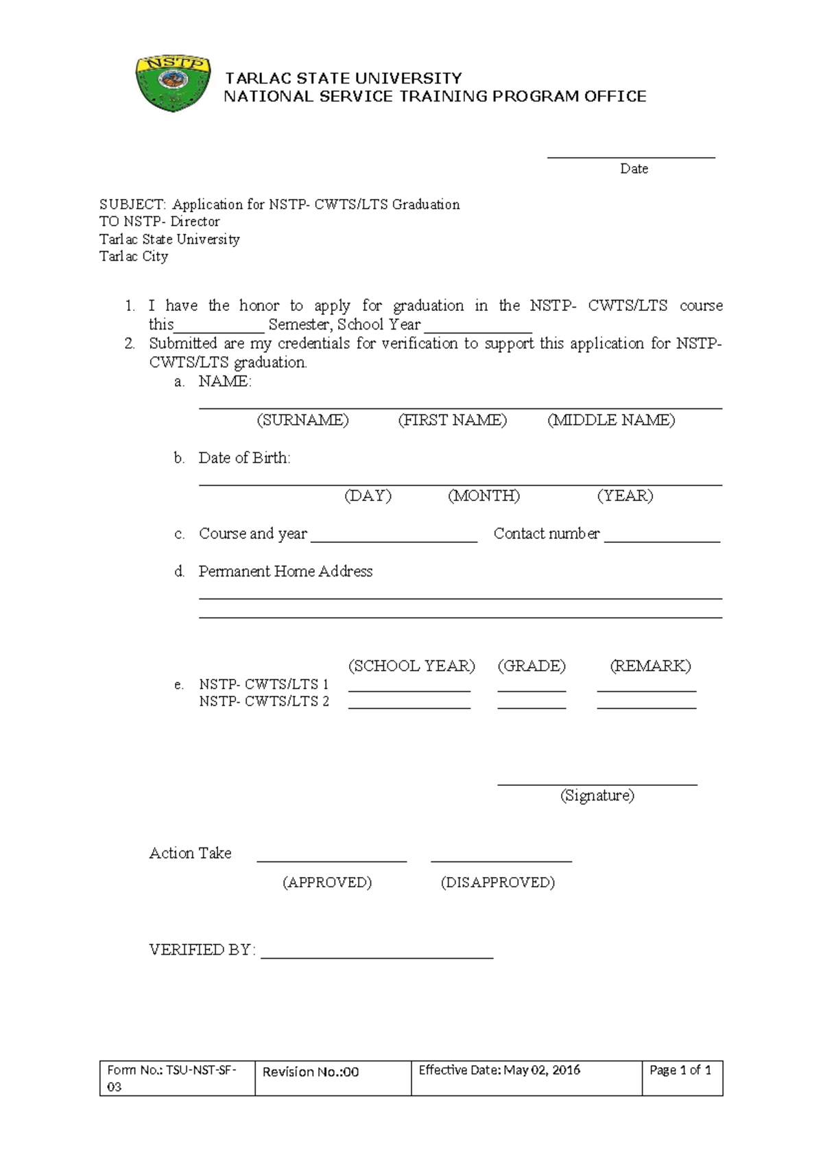 Application-for-nstp-cwts lts-graduation - TARLAC STATE UNIVERSITY ...