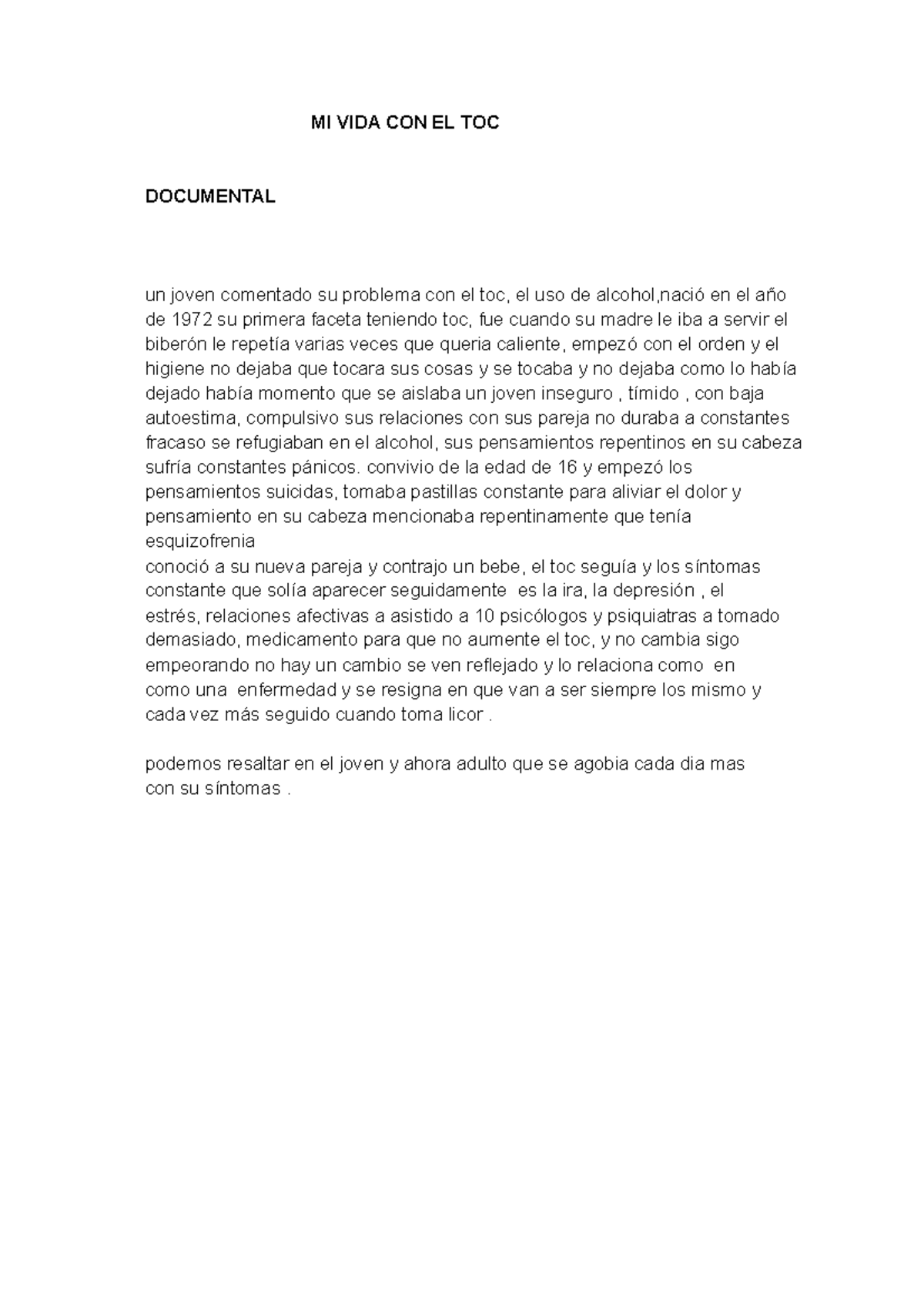 MI VIDA CON EL TOC - resumen - MI VIDA CON EL TOC DOCUMENTAL un joven comentado su problema con ...