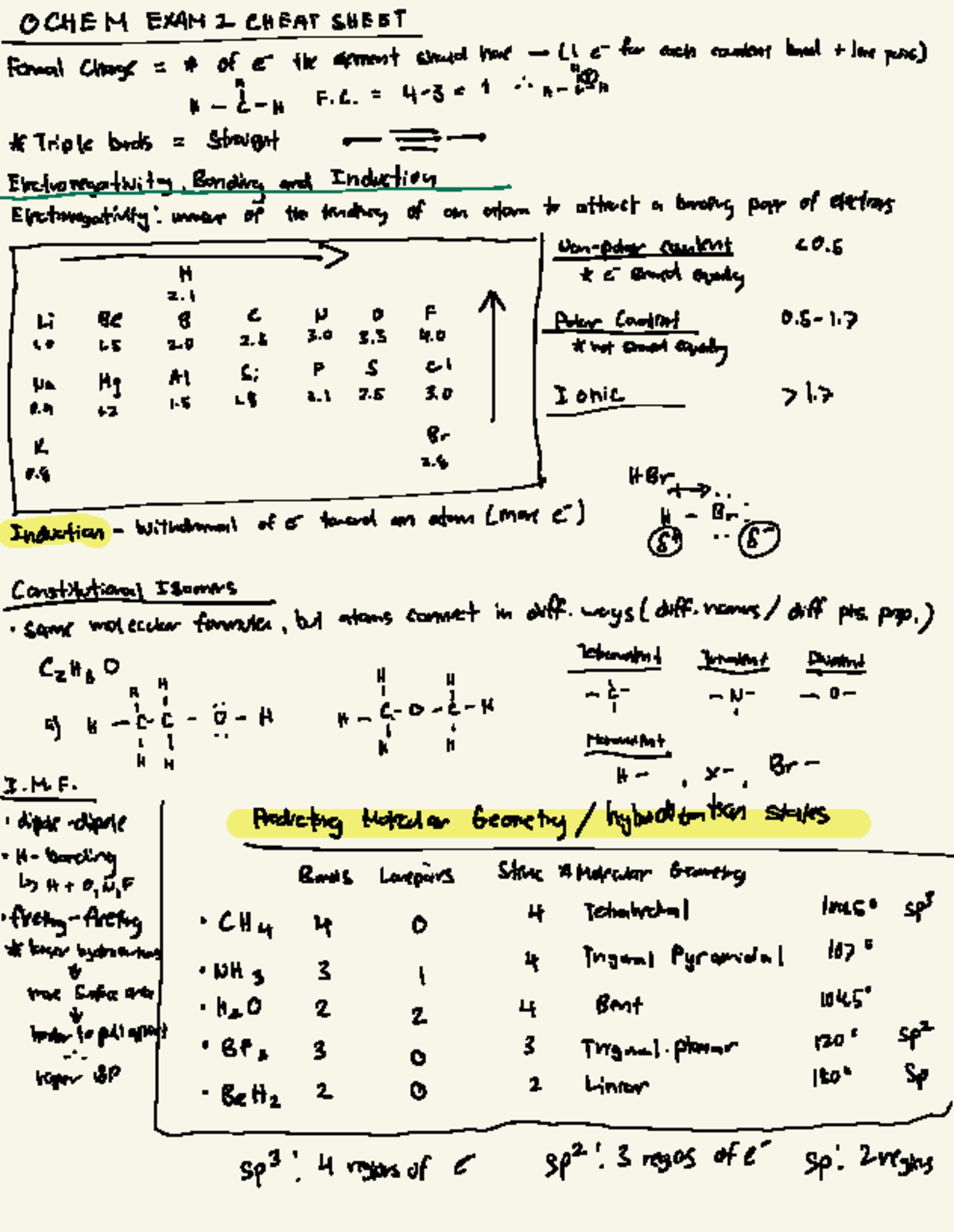 Exam 1 Cheat Sheet - OCHEMEXAM7-C/tTSHEET- Formal charge = # of e- the ...