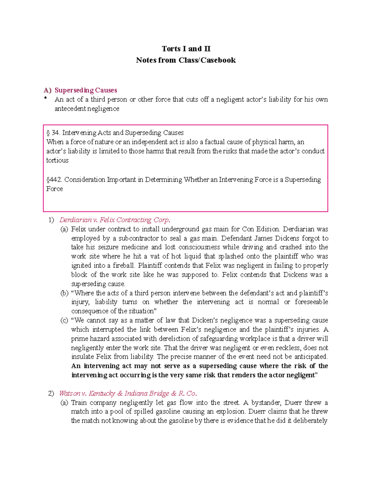 Superseding Causes Cases - Torts I and II Notes from Class/Casebook A ...