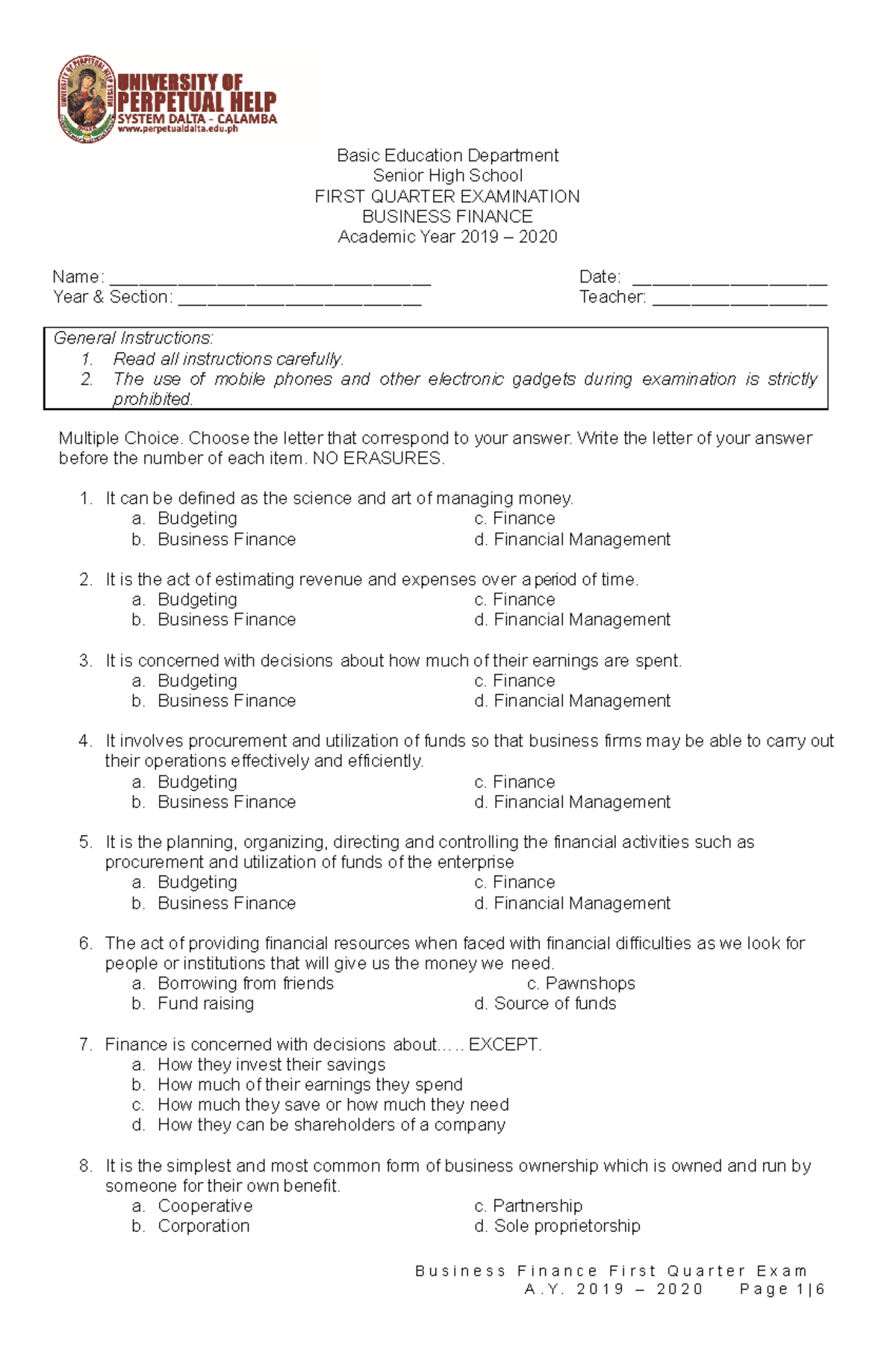 Final Business Finance Exam - Basic Education Department Senior High ...