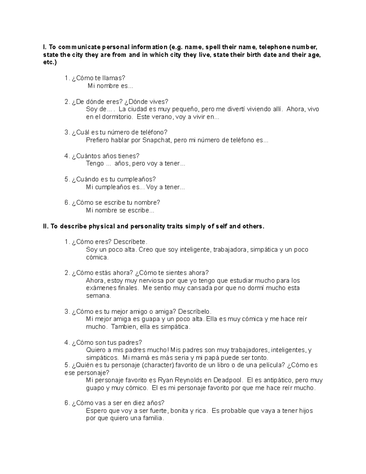 Spanish Speaking Final - I. To communicate personal information (e ...