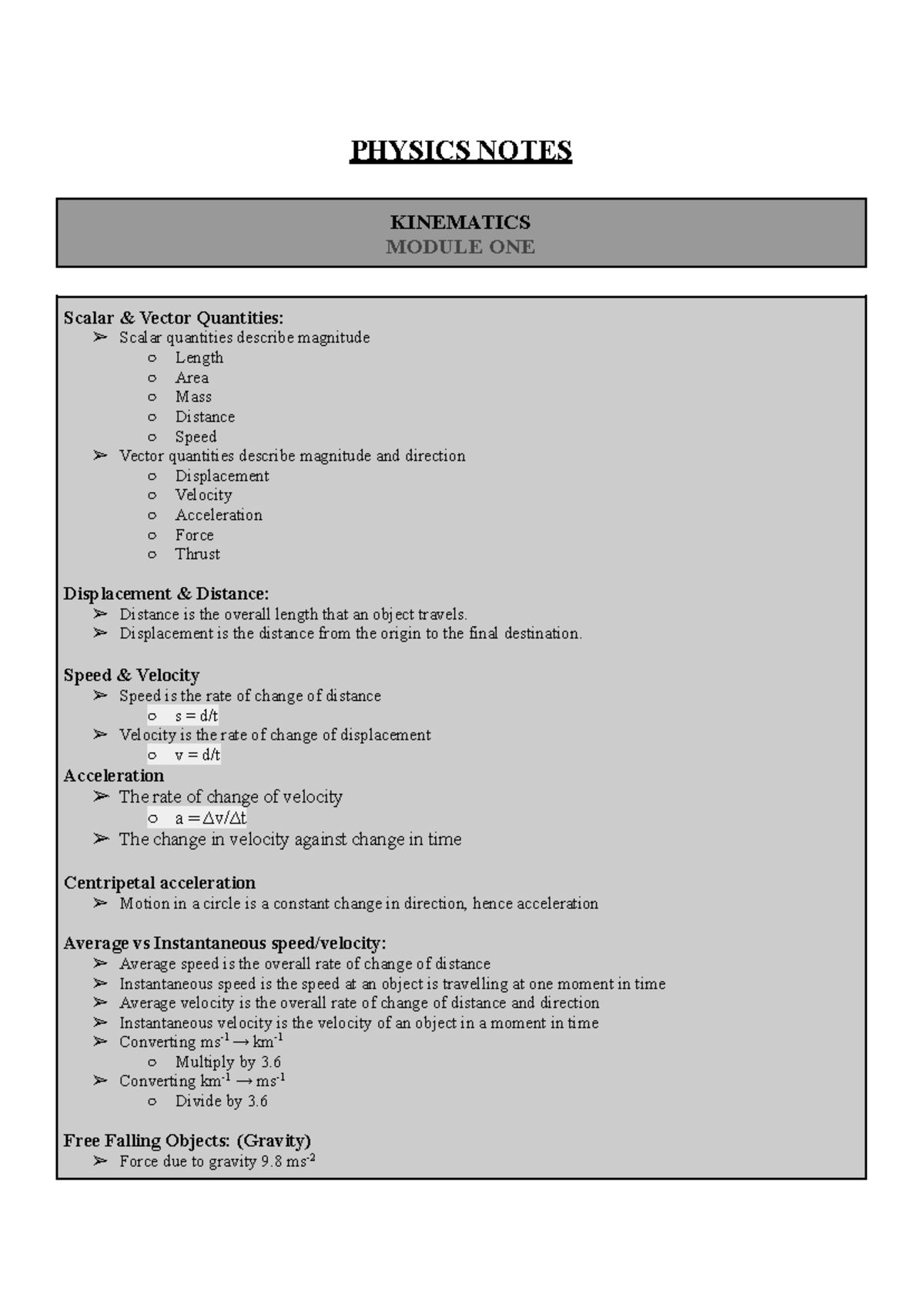 Physics - Preliminary Notes-2 - PHYSICS NOTES KINEMATICS MODULE ONE ...