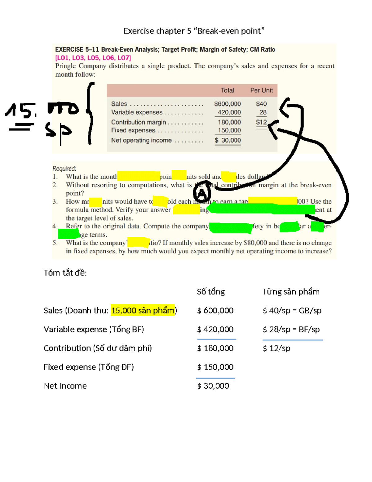 Exercise chapter 5 - long - Exercise chapter 5 “Break-even point” Tóm tắt đề: Số tổng Từng sản ...